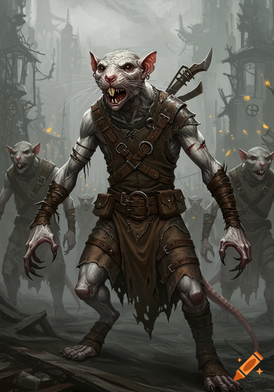 A menacing, pale rat-humanoid warrior in leather armor with sharp teeth ...