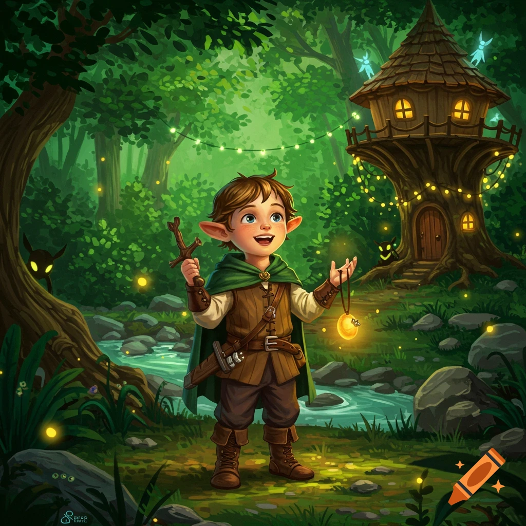 A happy young elf child stands in a whimsical, enchanted forest ...