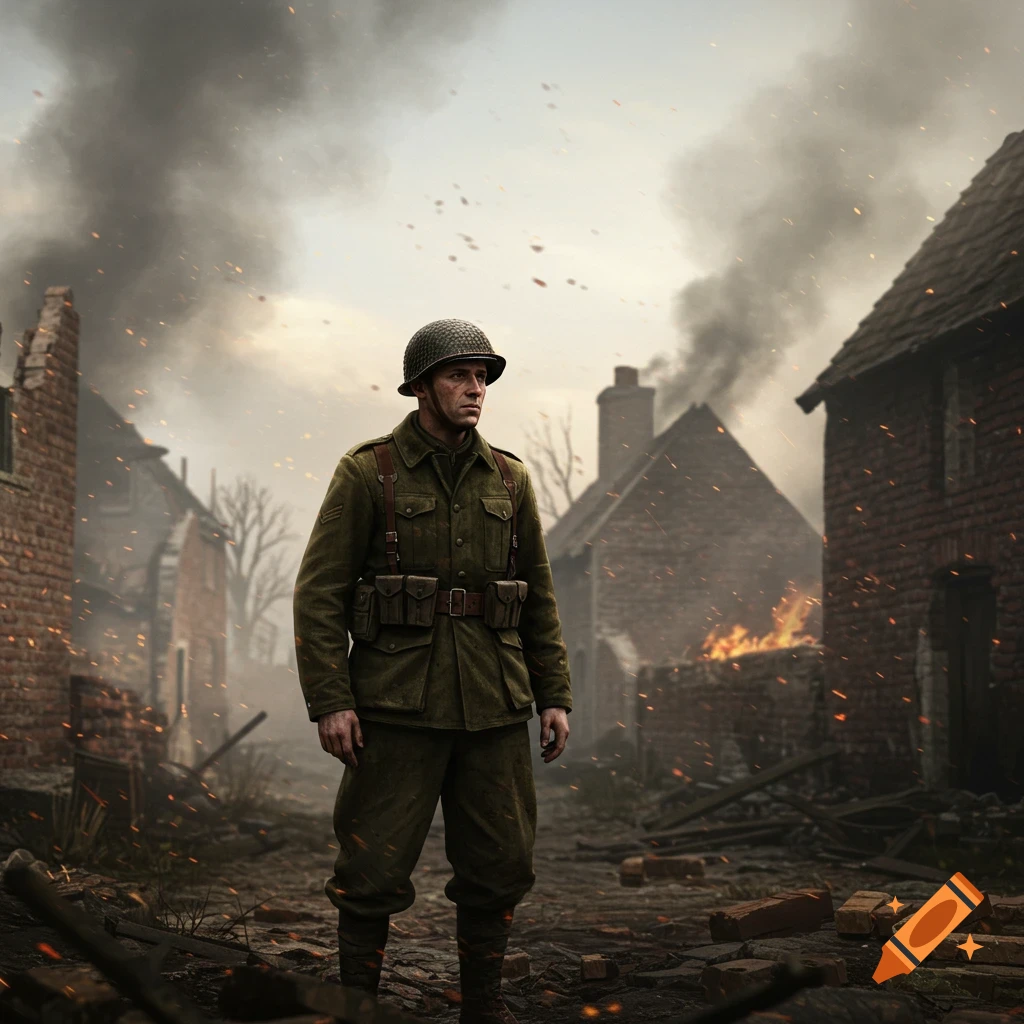 A soldier in uniform stands in a smoky, war-torn village with burning ...