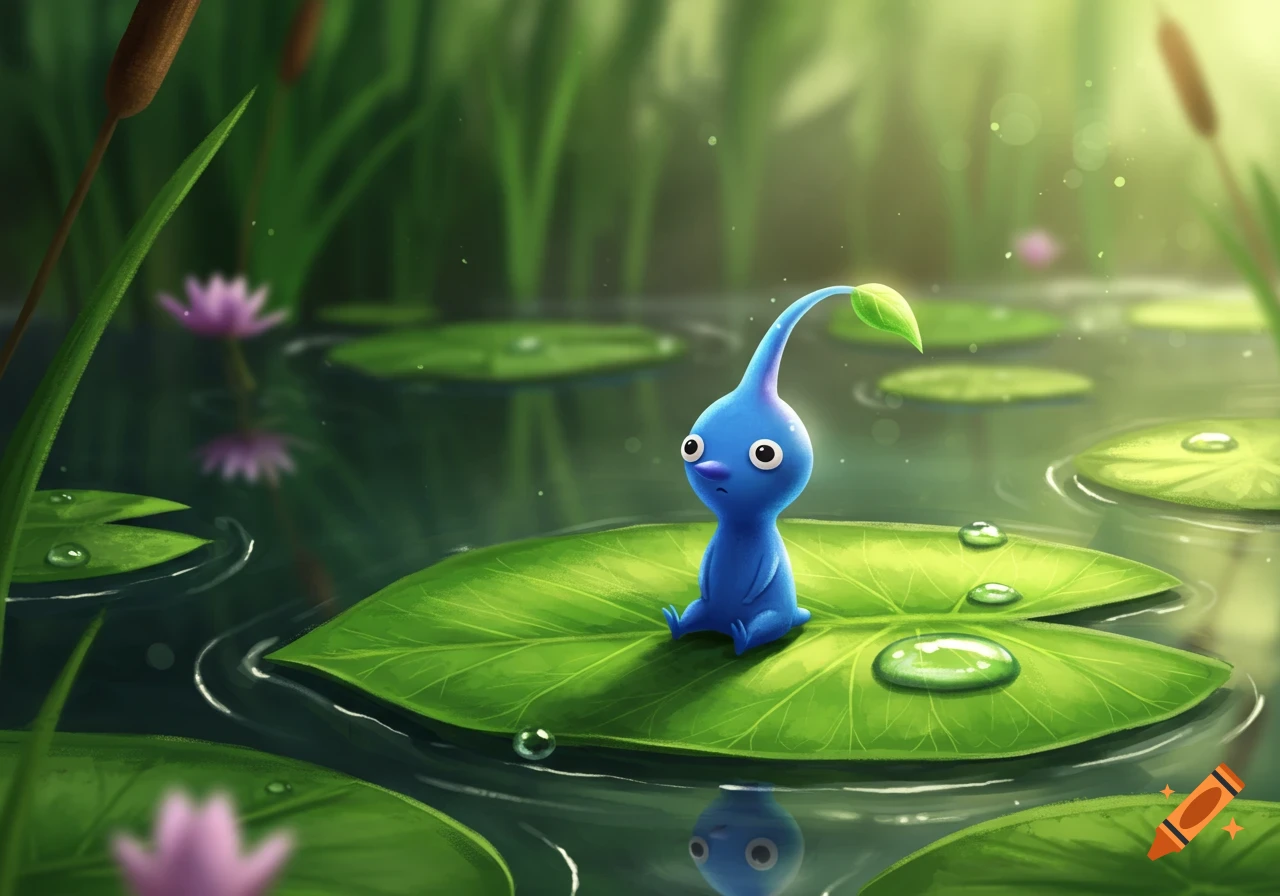 A blue Pikmin with a leaf on its head sits on a large lily pad in a ...