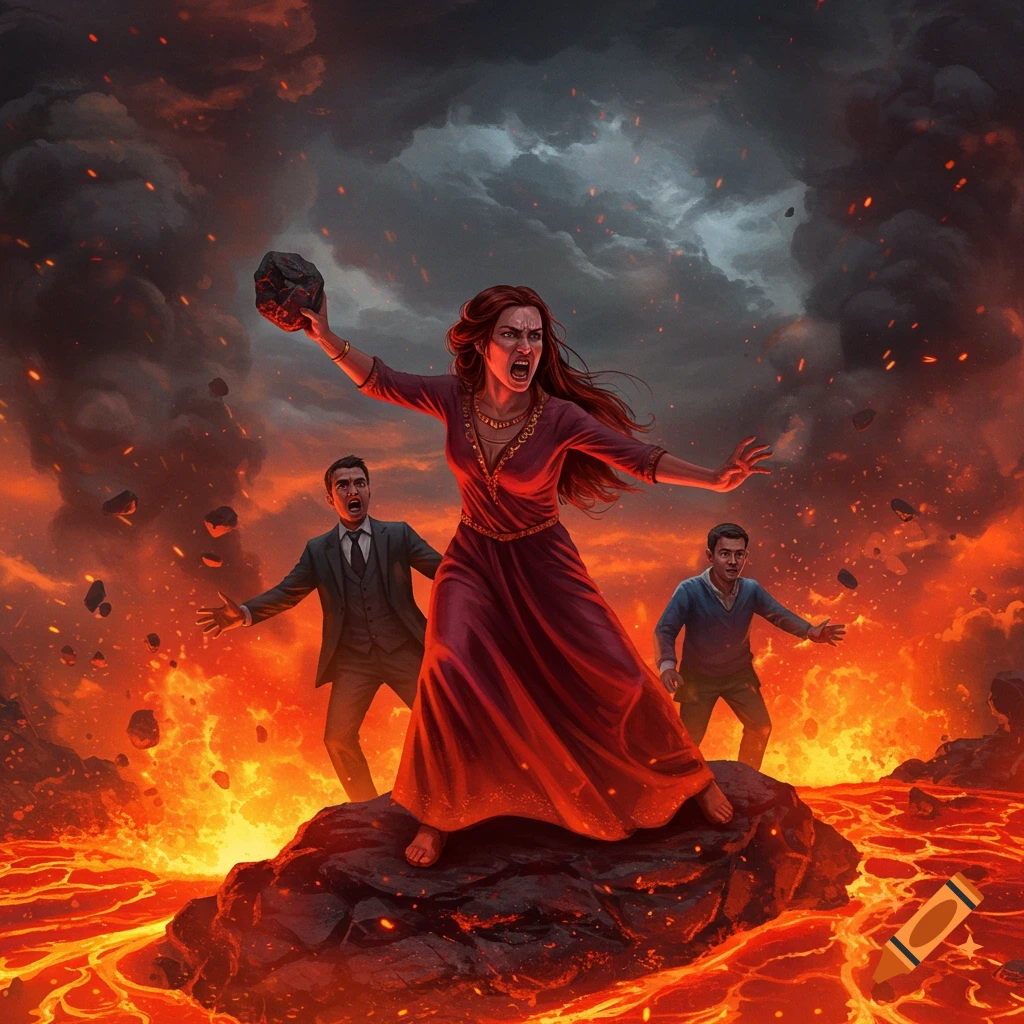 An angry woman in a long dress throws a rock over a landscape of ...