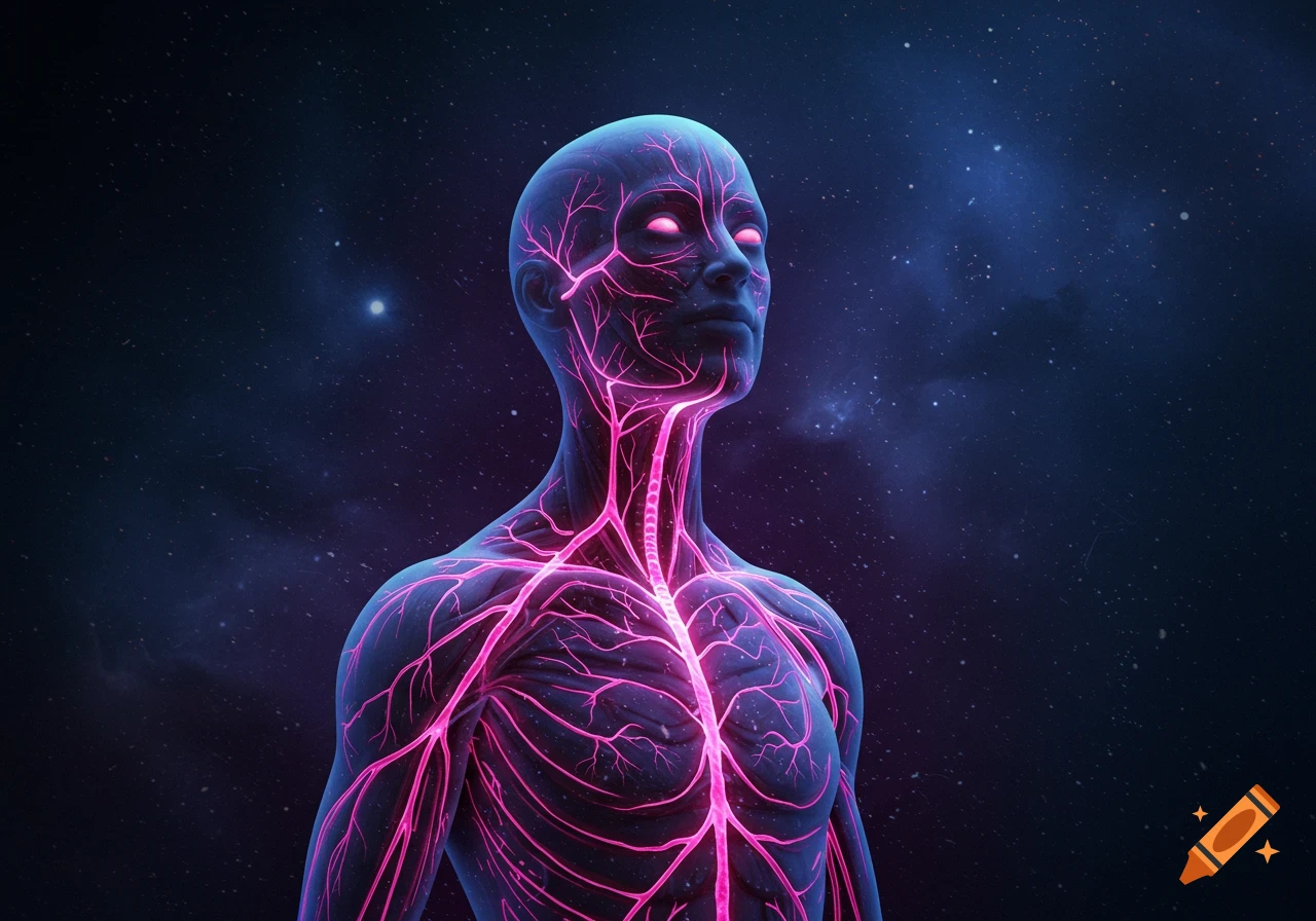 A stylized humanoid figure with a glowing pinkish-purple nervous system ...