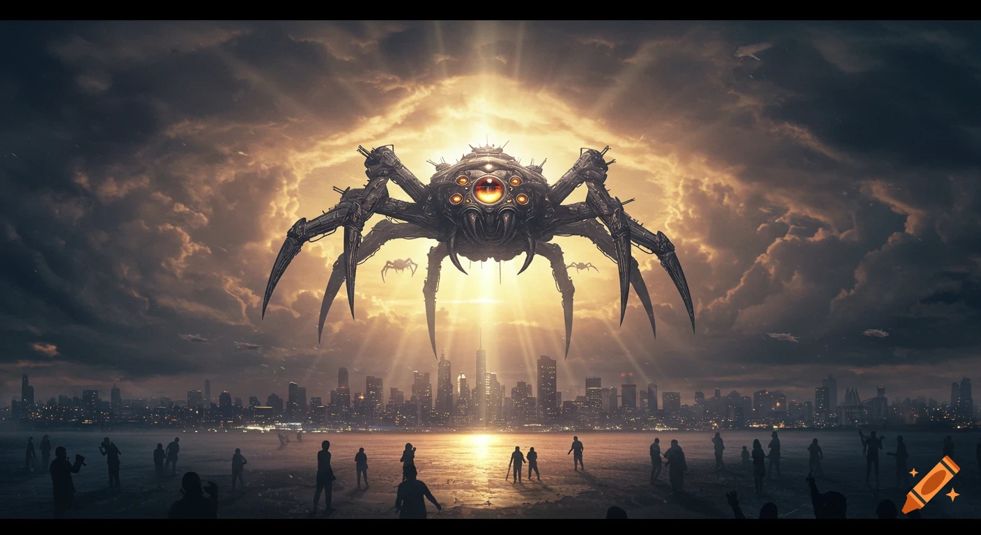 A giant mechanical spider warship with multiple glowing eyes descends ...