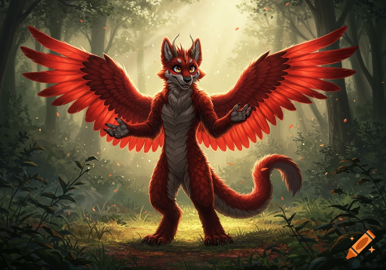 A red, furry Dutch angel dragon with large red wings stands in an ...