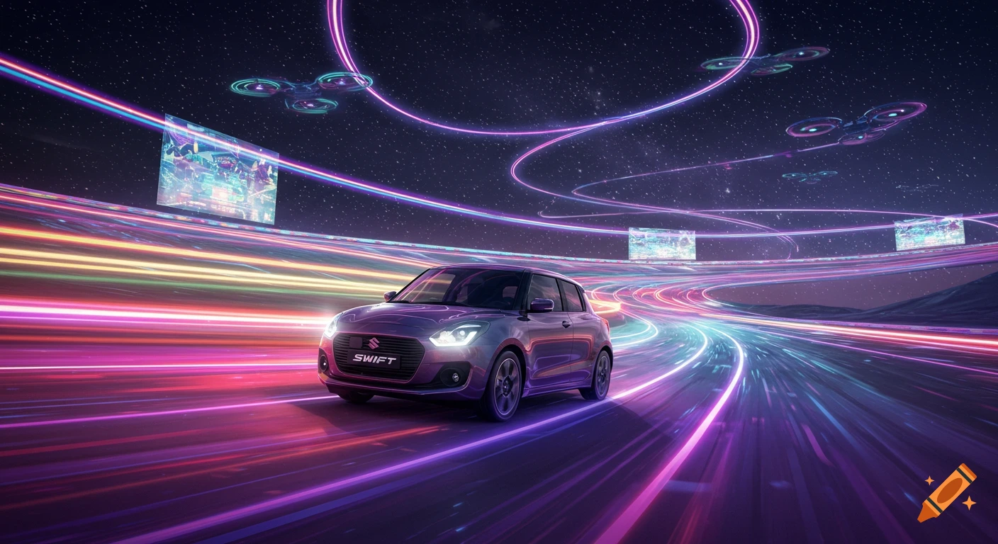 A vibrant purple Suzuki Swift drives on a futuristic road with neon ...