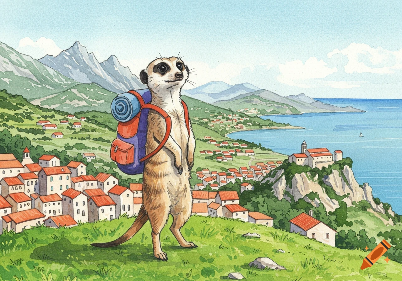 A watercolor illustration of a meerkat with a blue and red backpack ...