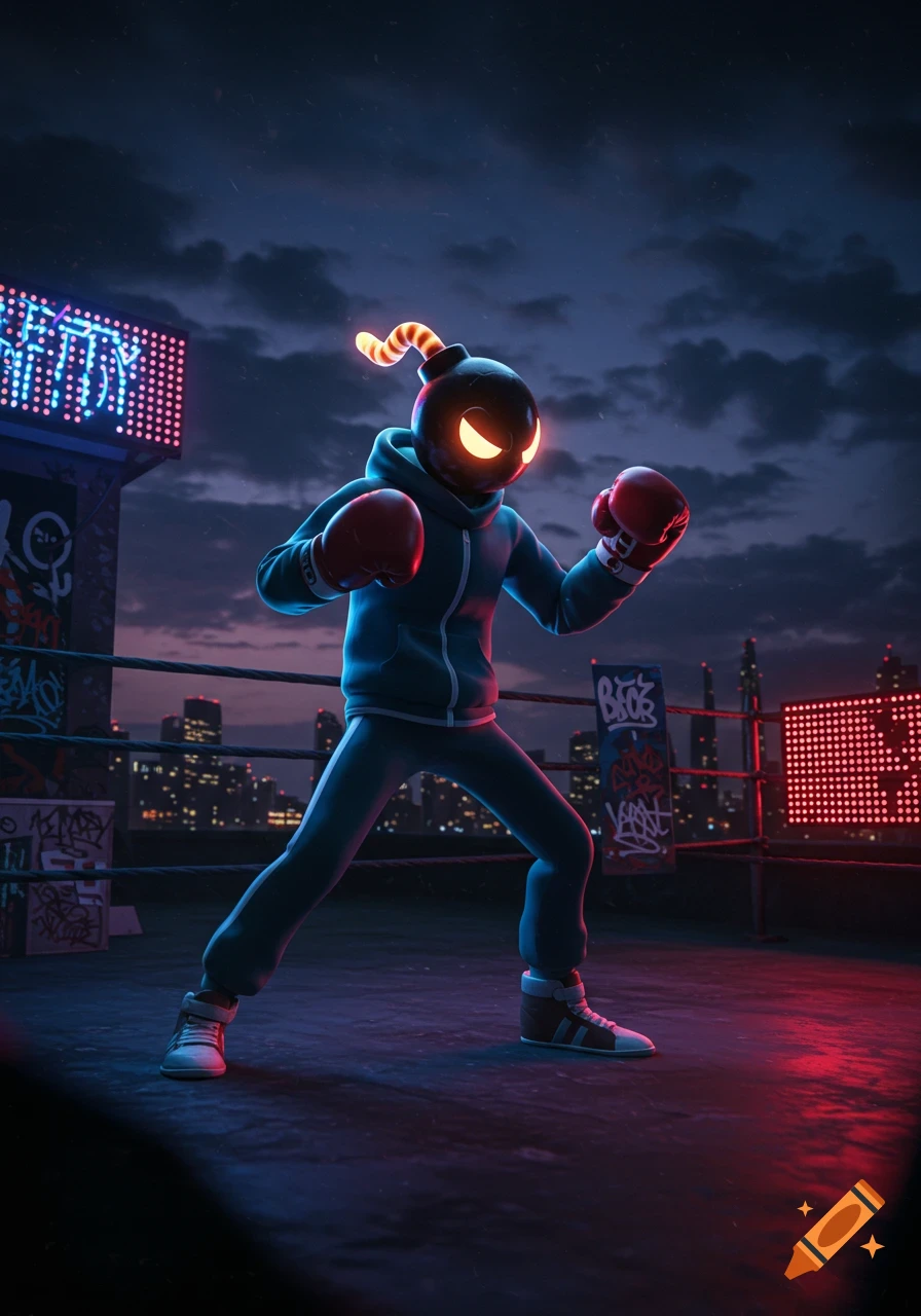 Stylized 3D Whitty from FNF in a boxing ring with glowing eyes and ...
