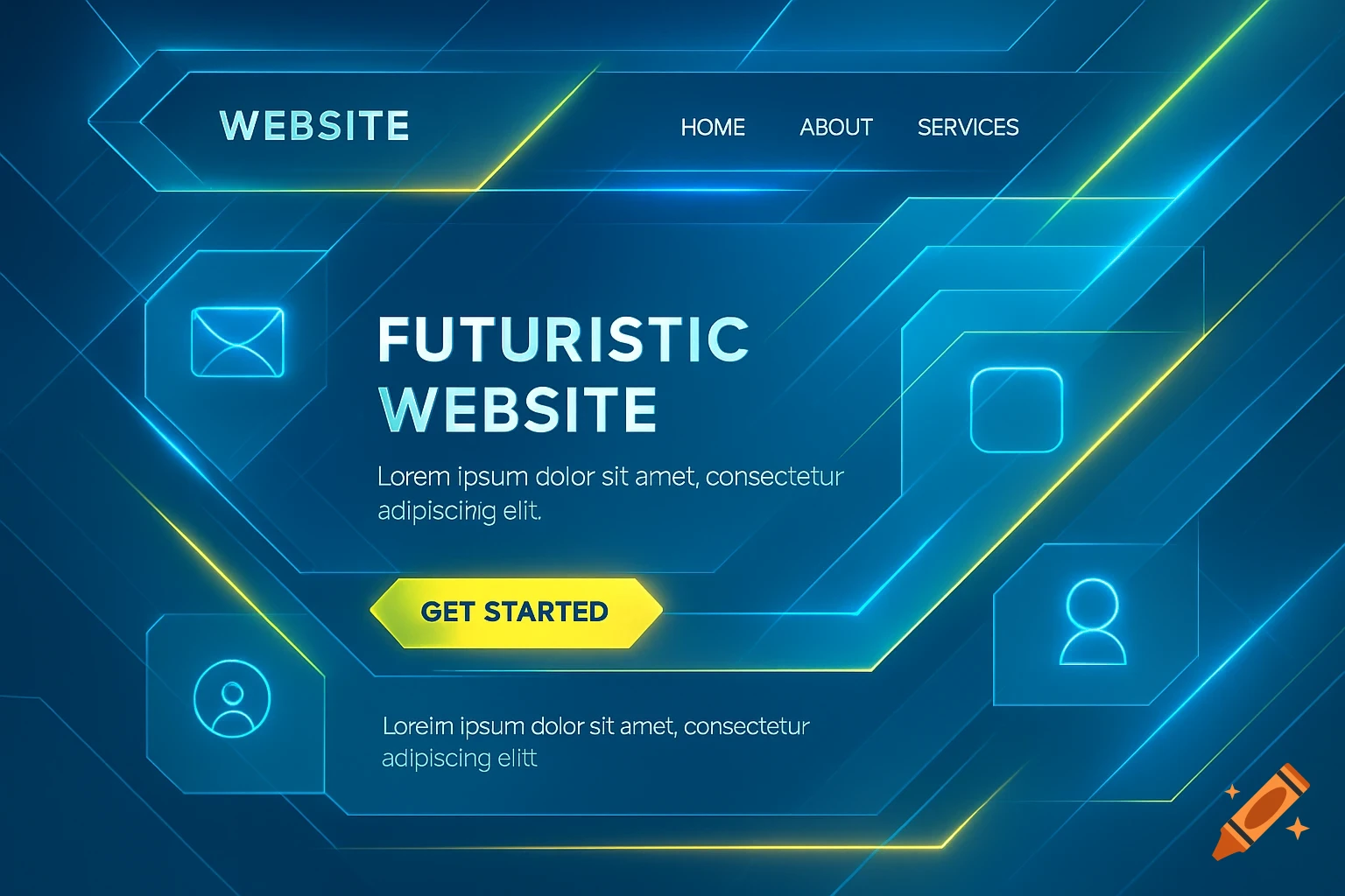 A futuristic website design in blue and yellow hues. The interface ...