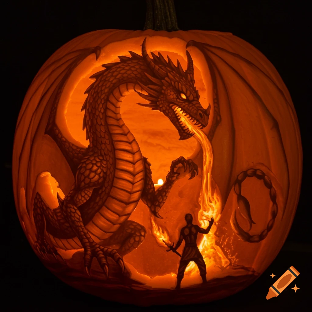 Intricate pumpkin carving depicting a fire-breathing dragon attacking a ...