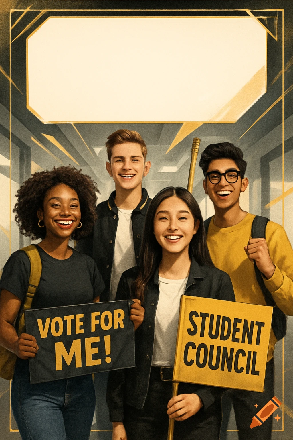 Four diverse students in a school hallway hold signs that read "VOTE ...