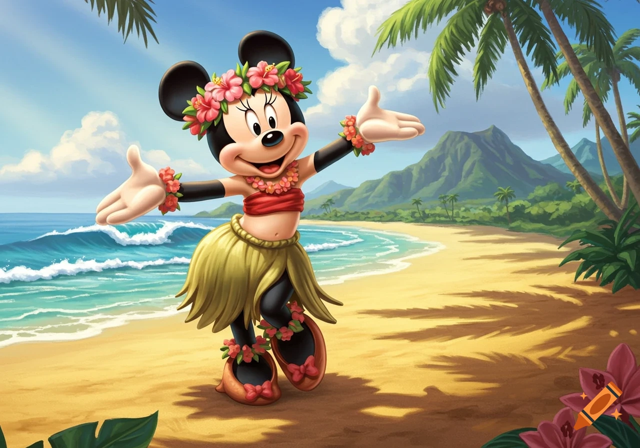 Minnie Mouse in a hula costume with a red bandeau top, grass skirt, and ...