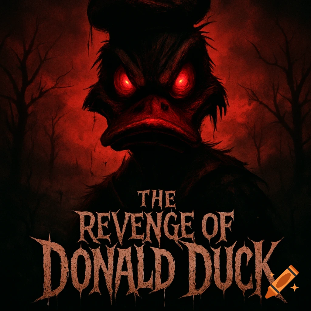A dark, menacing Donald Duck with glowing red eyes on a red background ...