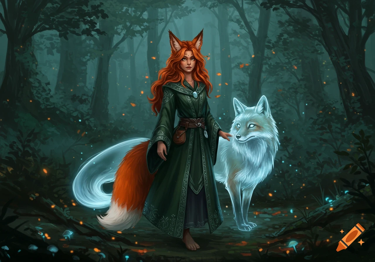 A red-haired fox-eared witch in a green robe stands in a mystical ...
