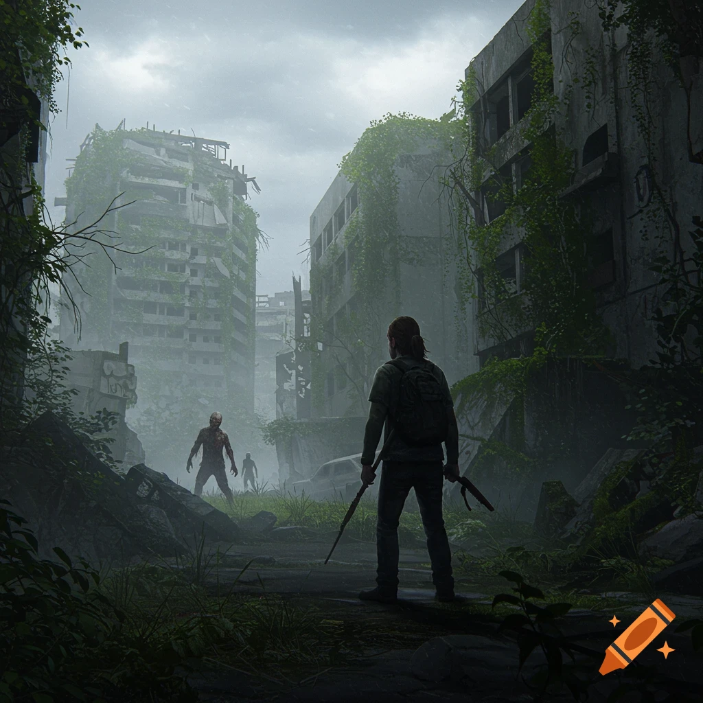 A lone survivor with weapons confronts two zombies in a ruined ...