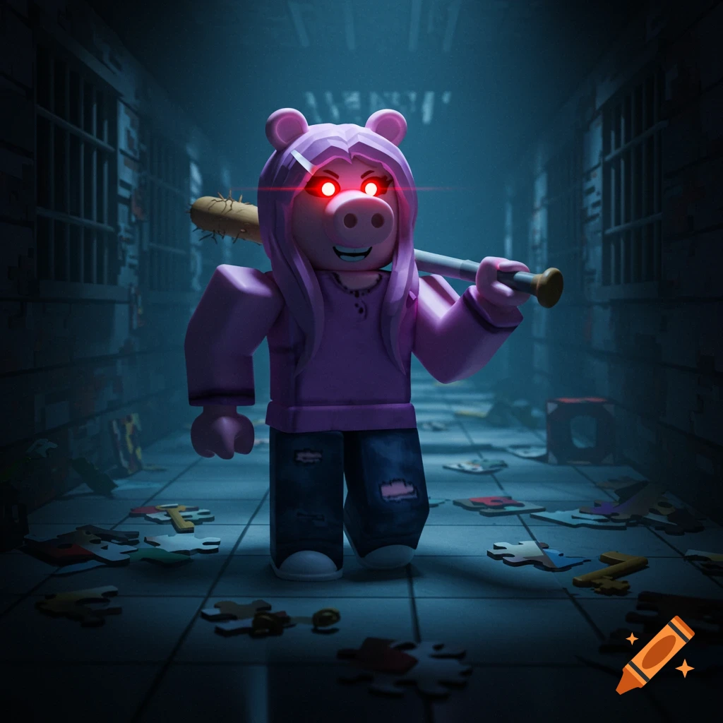 A Roblox Piggy character with red glowing eyes and a spiked bat stands ...