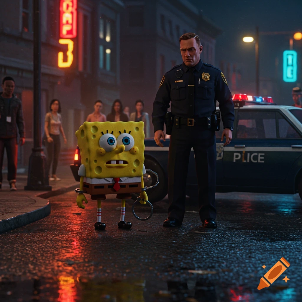 A realistic Spongebob Squarepants, handcuffed, stands on a wet city ...