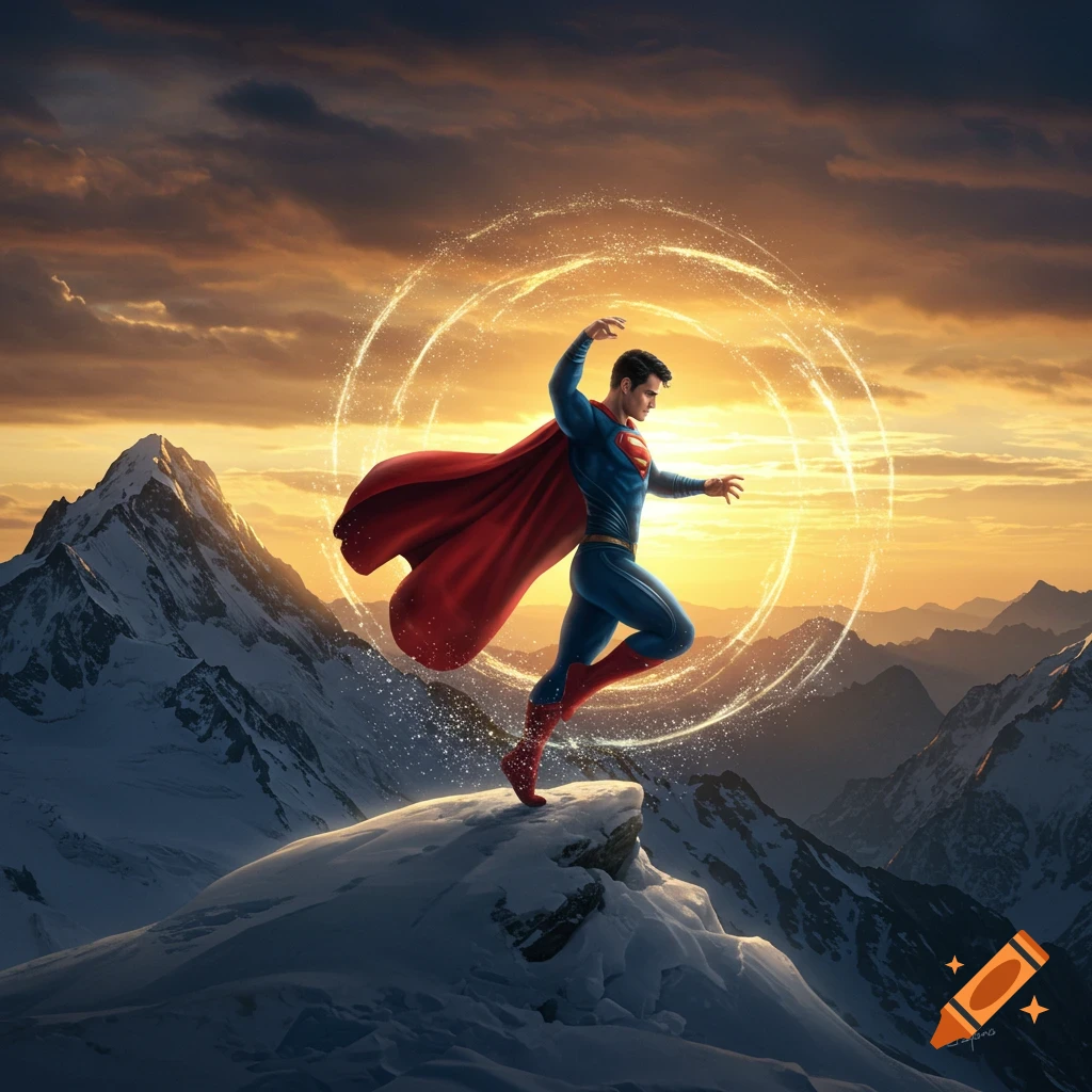 Superman gracefully poses on a snowy mountain peak with sparkling ...