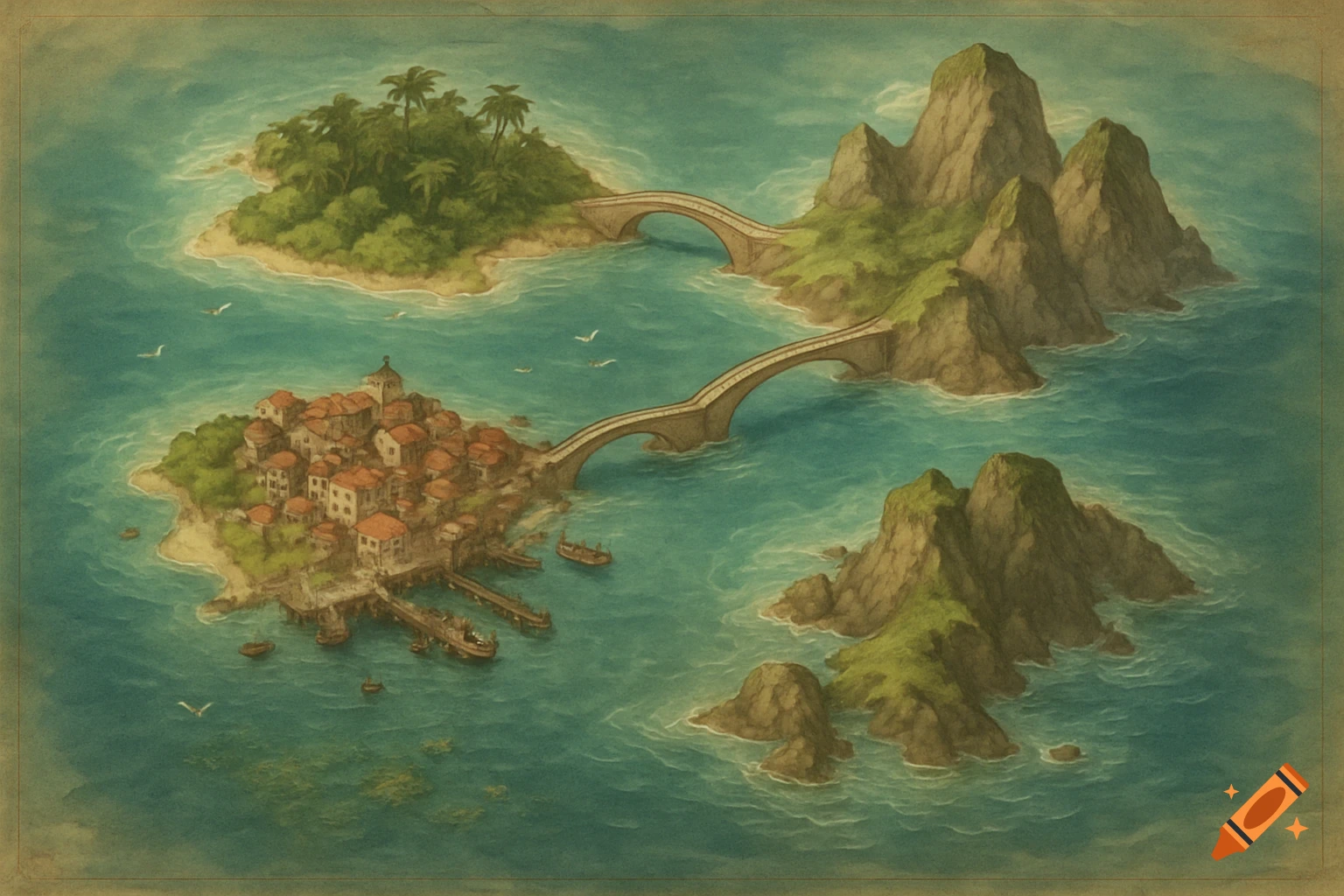 An isometric fantasy map showing multiple islands connected by bridges ...