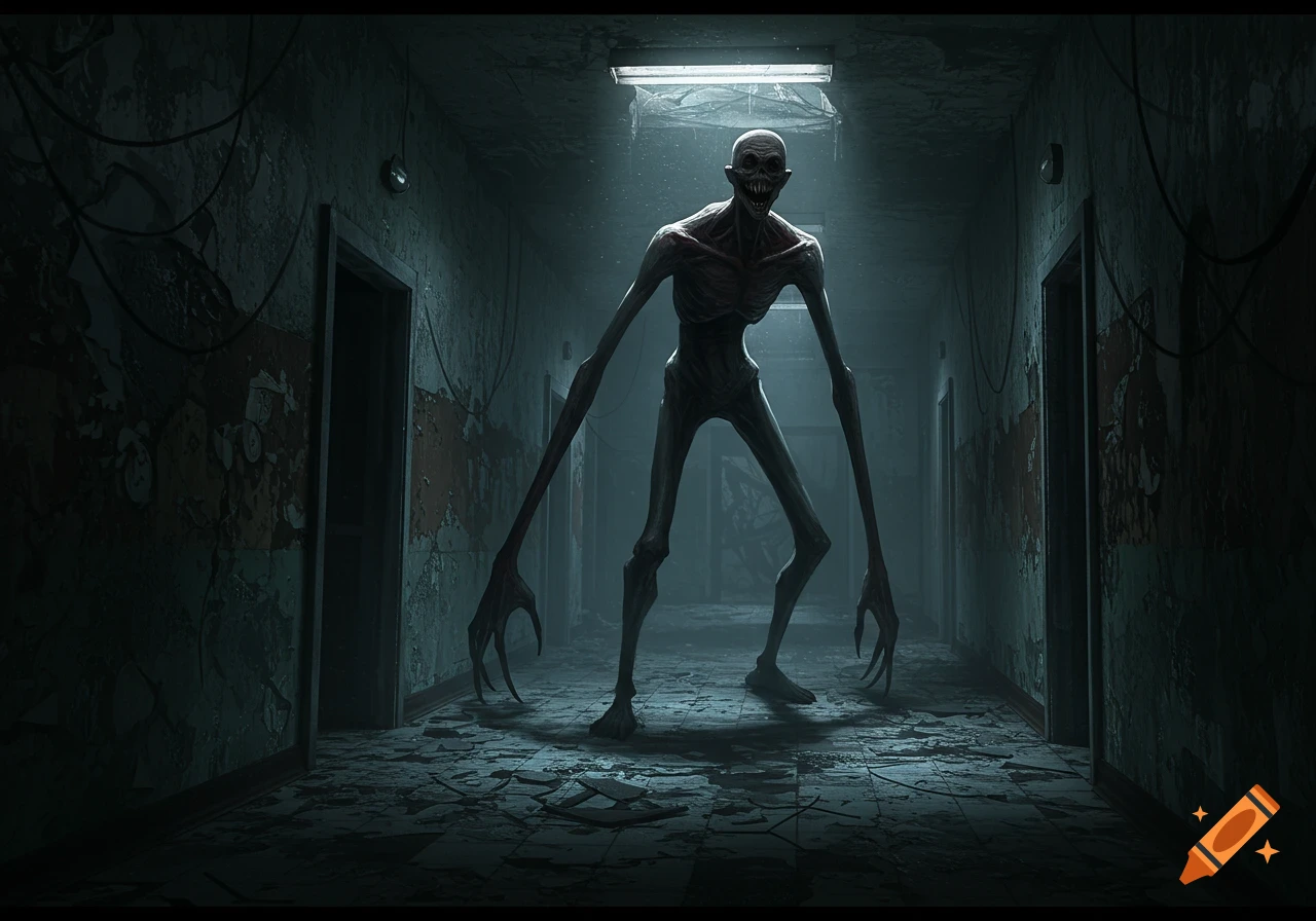 A tall, skinny monster with long limbs and a wide grin stands in a dark ...