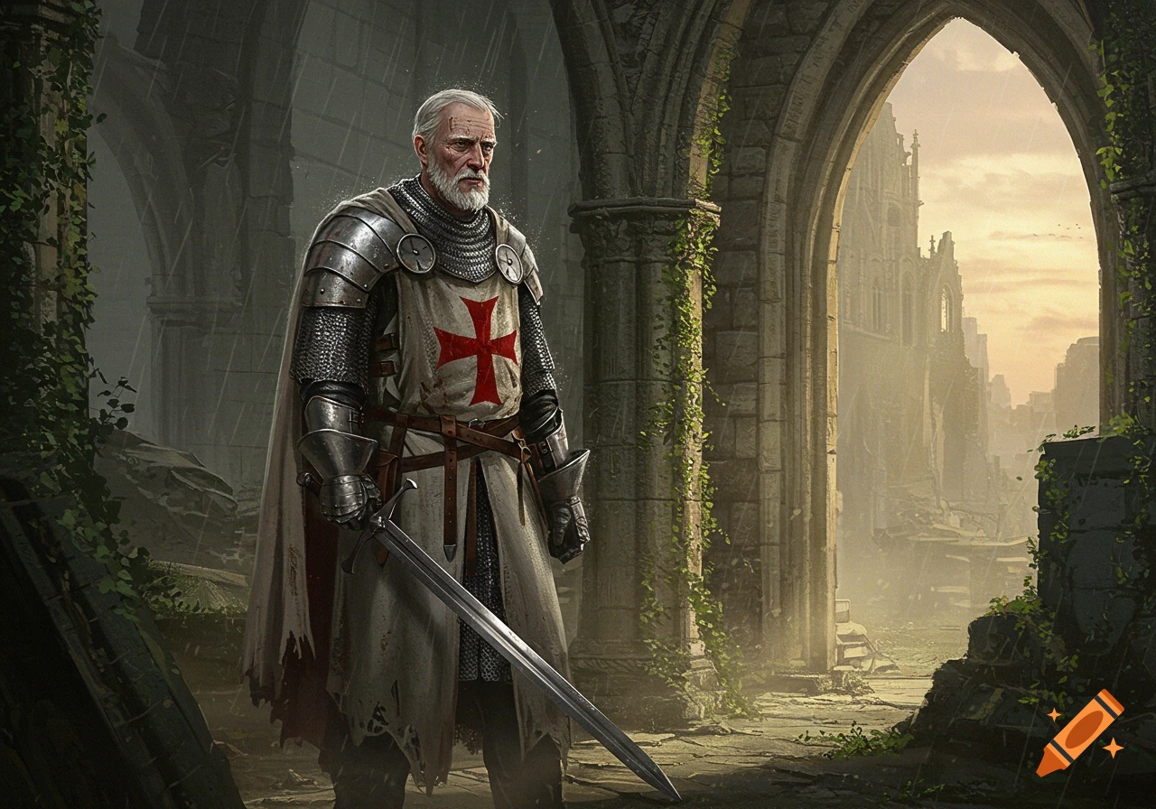 An old Templar knight in detailed armor stands with a sword in a ruined ...