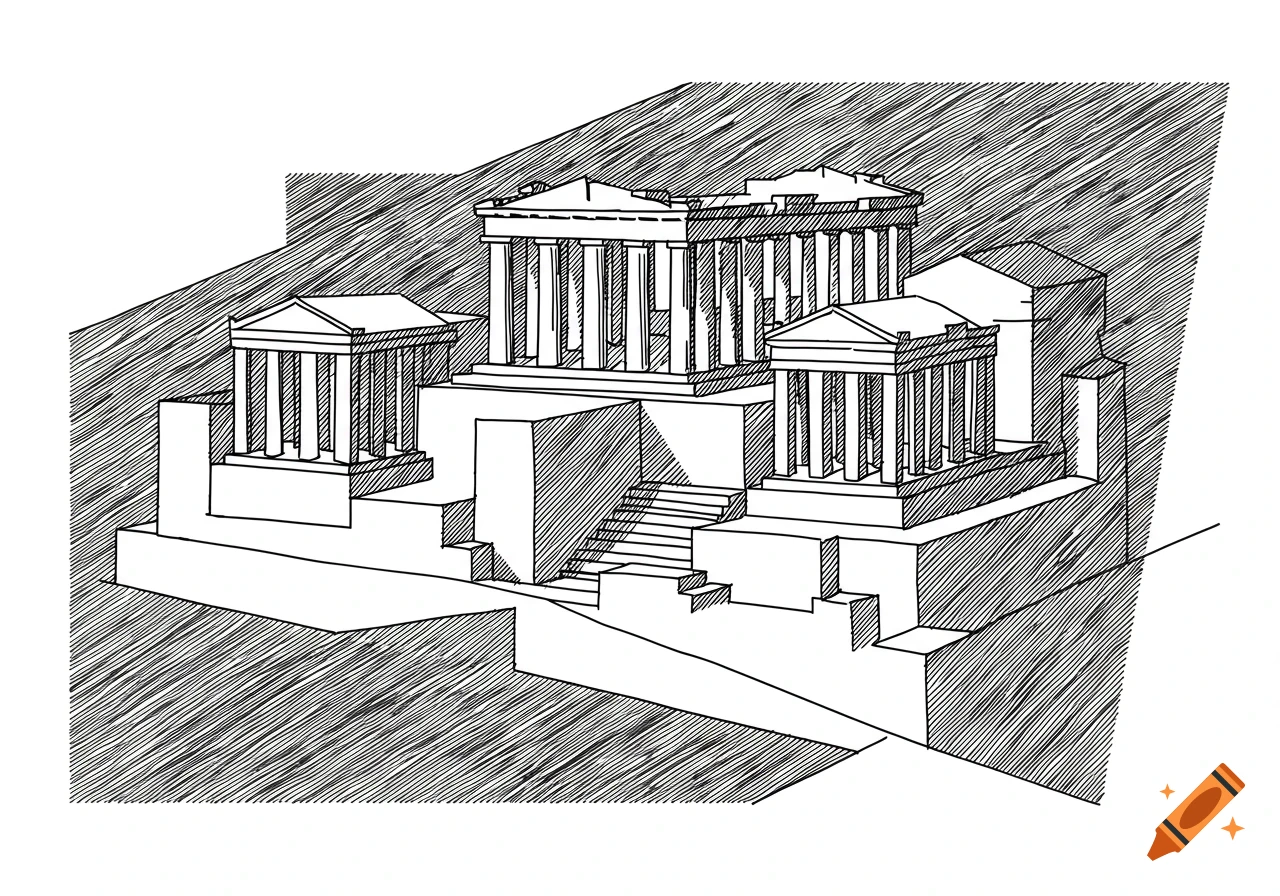 Black and white line drawing of ancient Greek temples on a hill ...