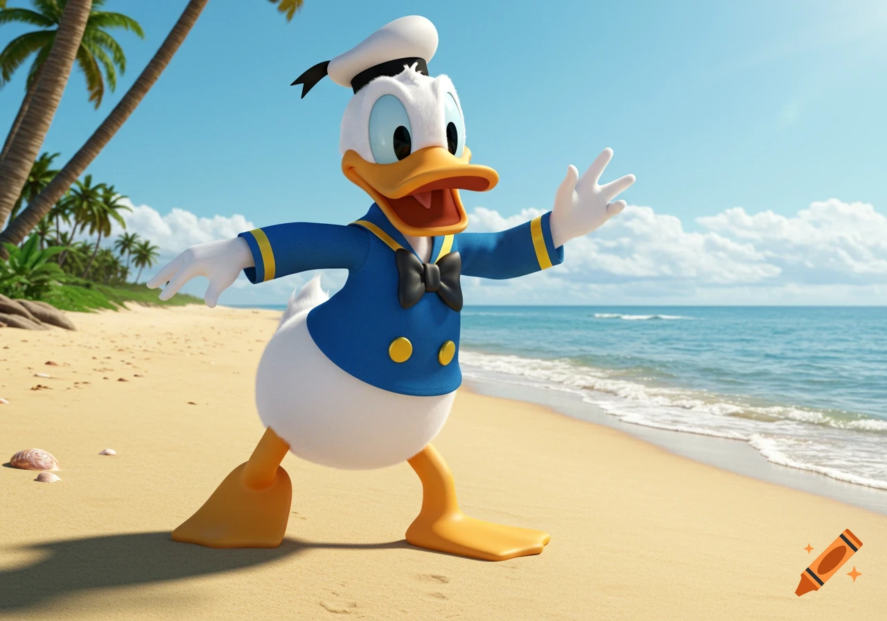 3D rendered Donald Duck in a sailor suit walks on a sunny sandy beach ...