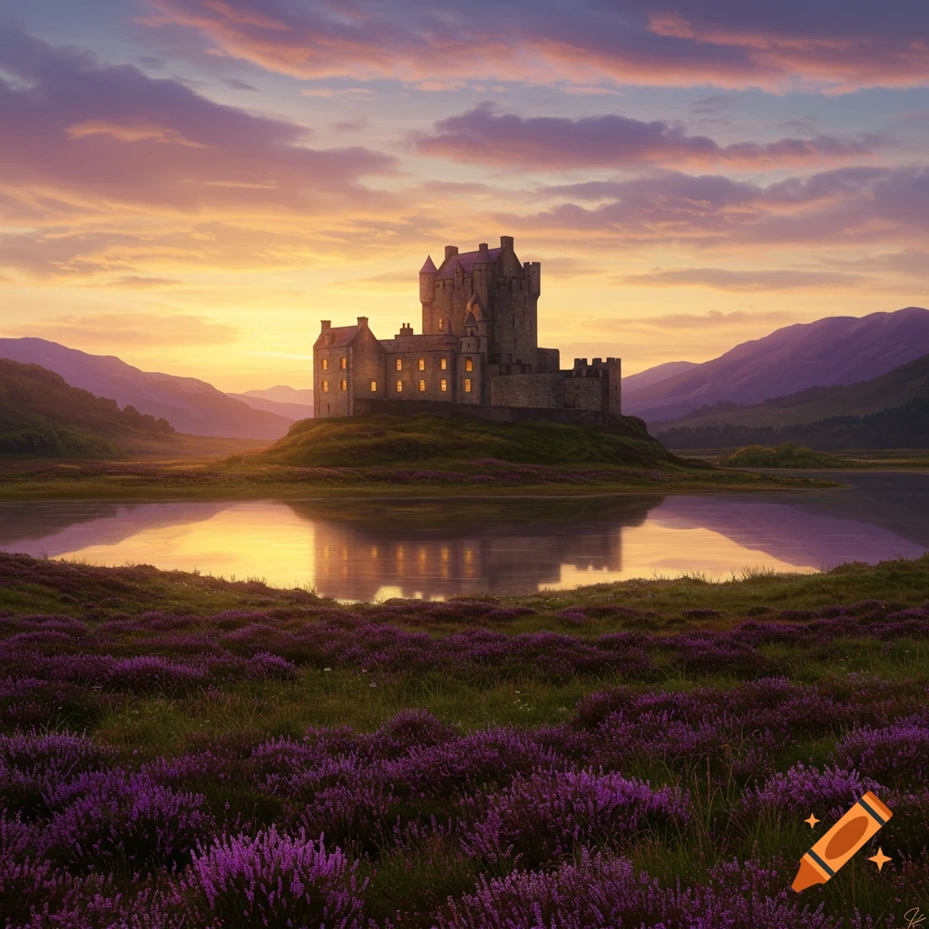 A majestic medieval castle with illuminated windows sits on a grassy ...