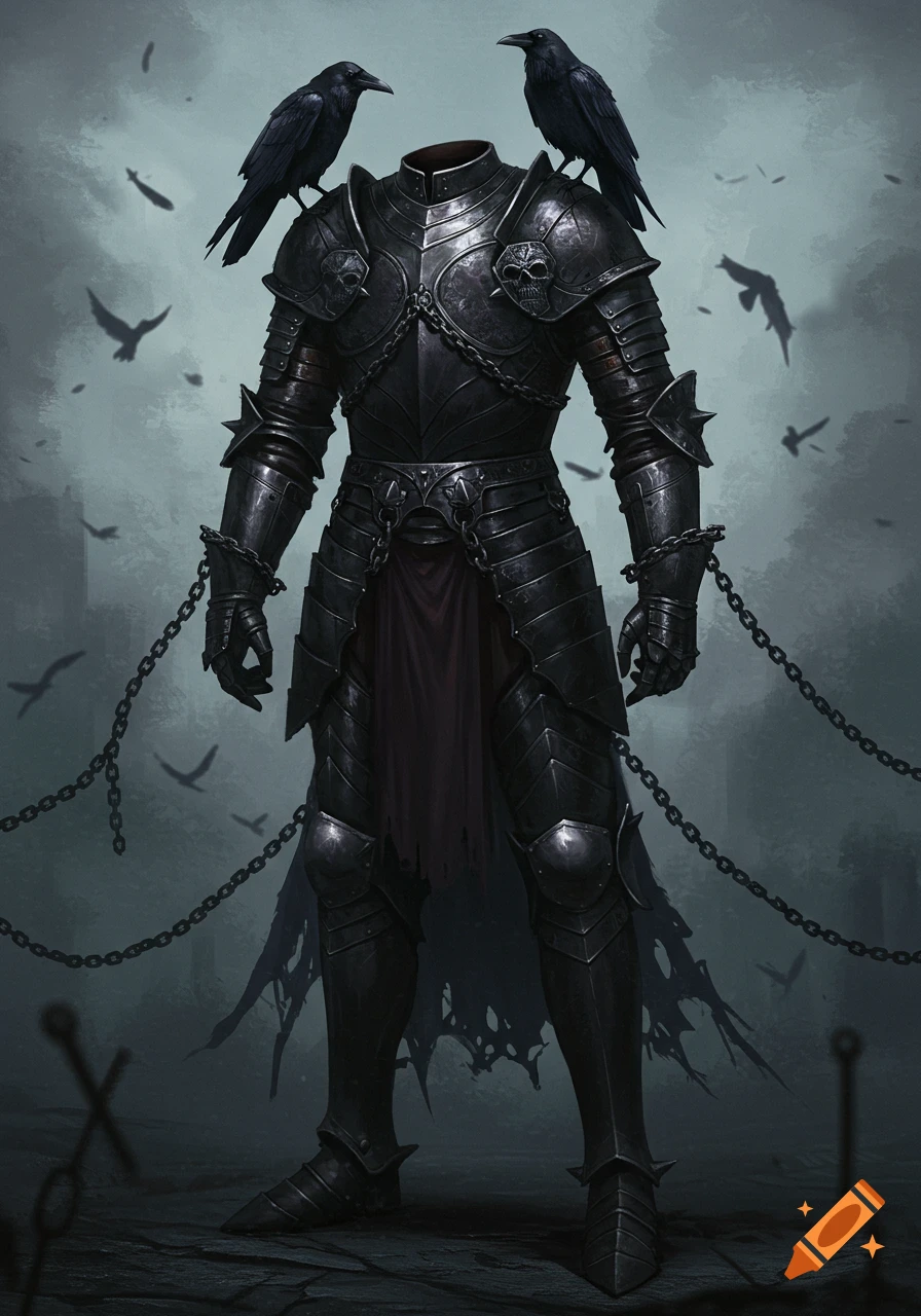 Dark fantasy illustration of a headless knight in black armor with ...