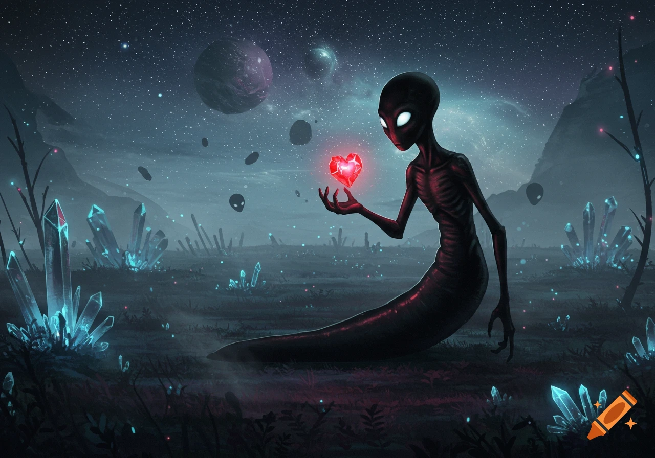 A dark, skeletal alien creature holds a glowing red heart on a starry ...