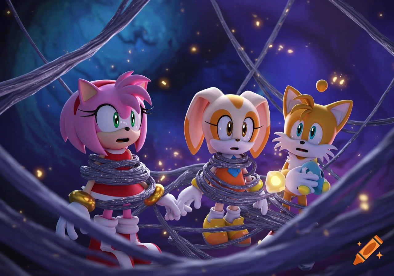 Sonic characters Amy, Cream, and Tails tangled in dark wires, looking ...
