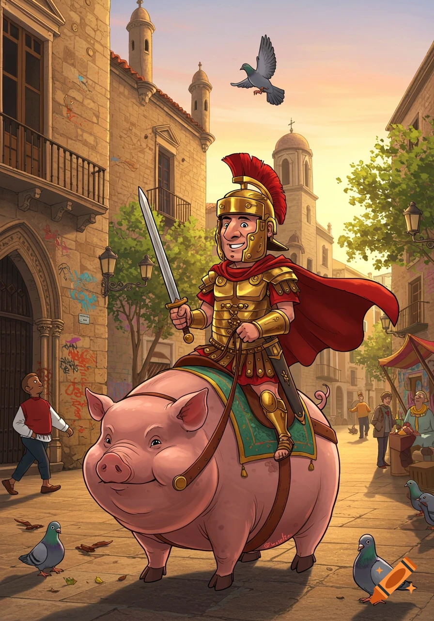 A cartoon Roman soldier with a sword and red cape rides a smiling pig ...