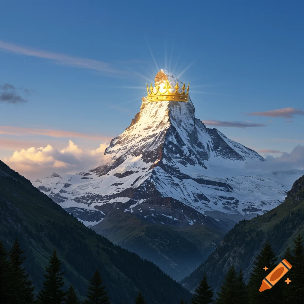 A majestic snow-capped mountain peak wears a golden crown on its summit ...
