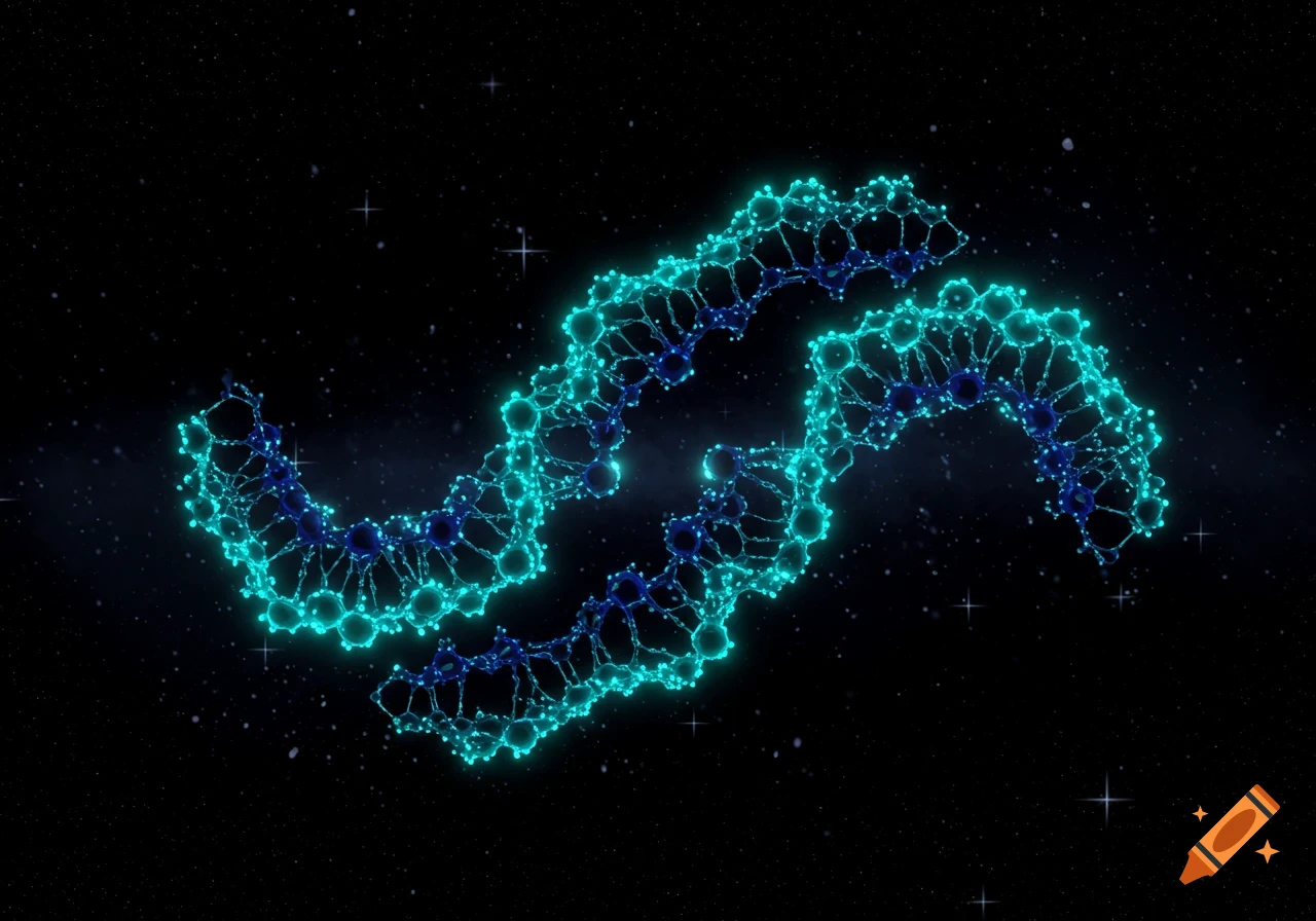 A glowing, intricate molecular structure in cyan and dark blue, set ...