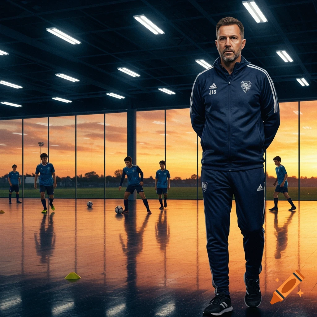 A soccer coach in a navy tracksuit stands on an indoor field with young ...