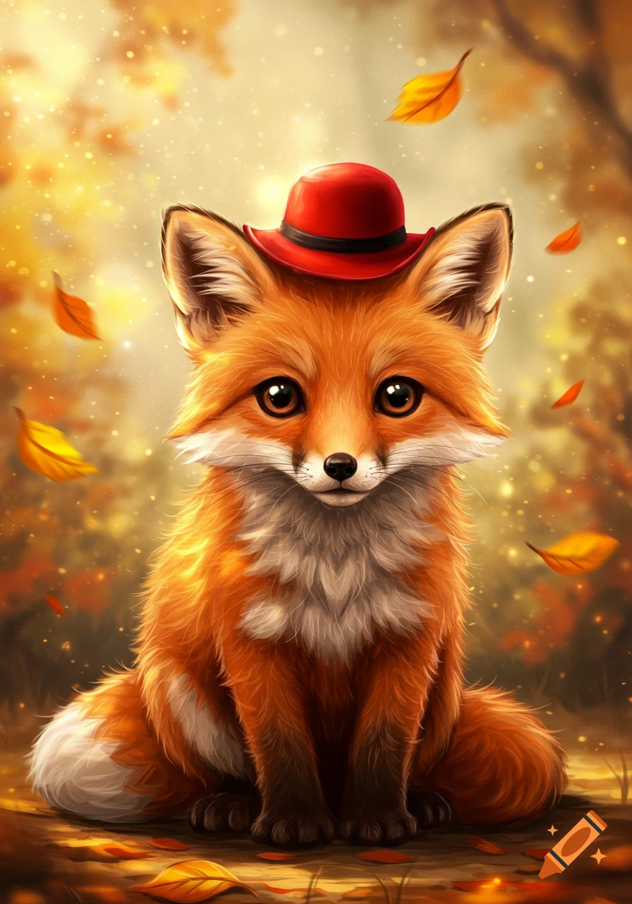 A cute, fluffy orange fox wearing a red hat sits in a warm, glowing ...