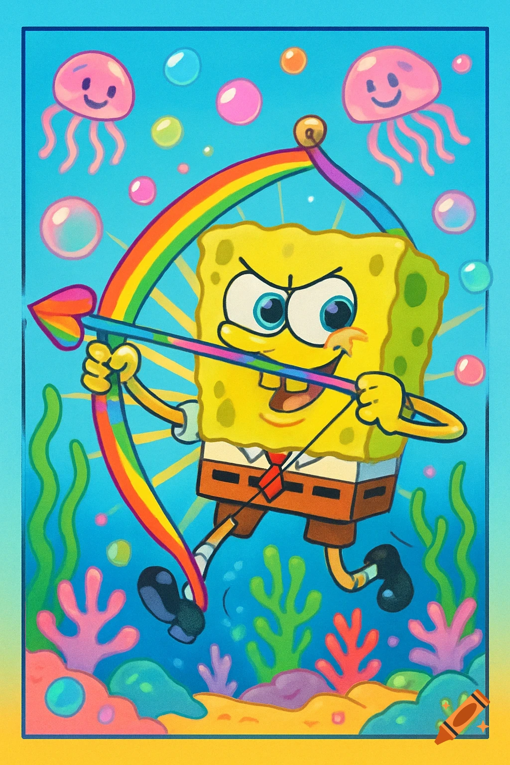 Vibrant cartoon of SpongeBob SquarePants aiming a rainbow bow and arrow ...
