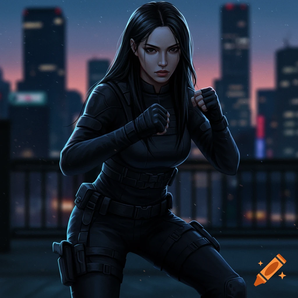 A young female bodyguard with long black hair in a tactical suit, in a ...