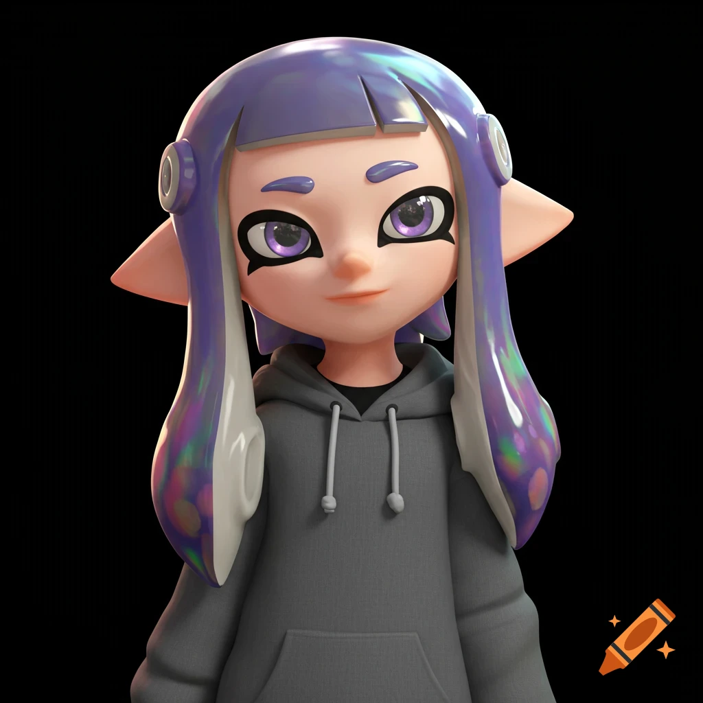 A stylized 3D render of an Inkling character with purple hair and large ...