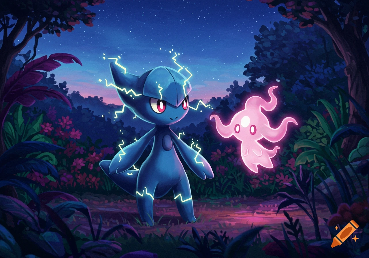 A blue electric-type creature with lightning and a pink ghost-like ...