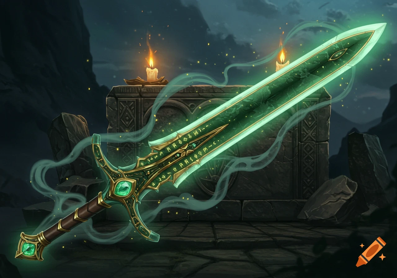 A glowing green greatsword with golden inlays and green gems ...