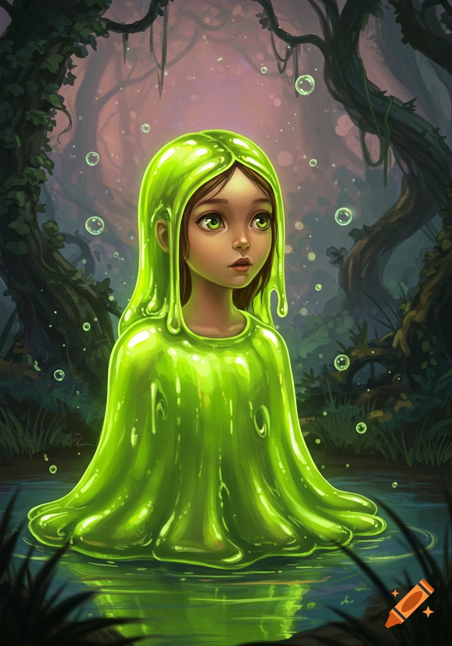 An illustration of a girl covered in glowing green slime, standing in ...