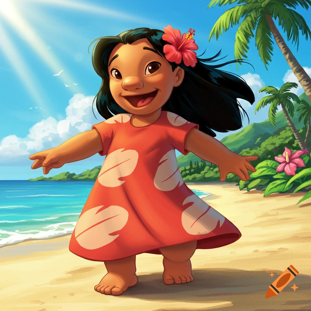 A cheerful cartoon girl resembling Lilo, wearing a red dress and a ...