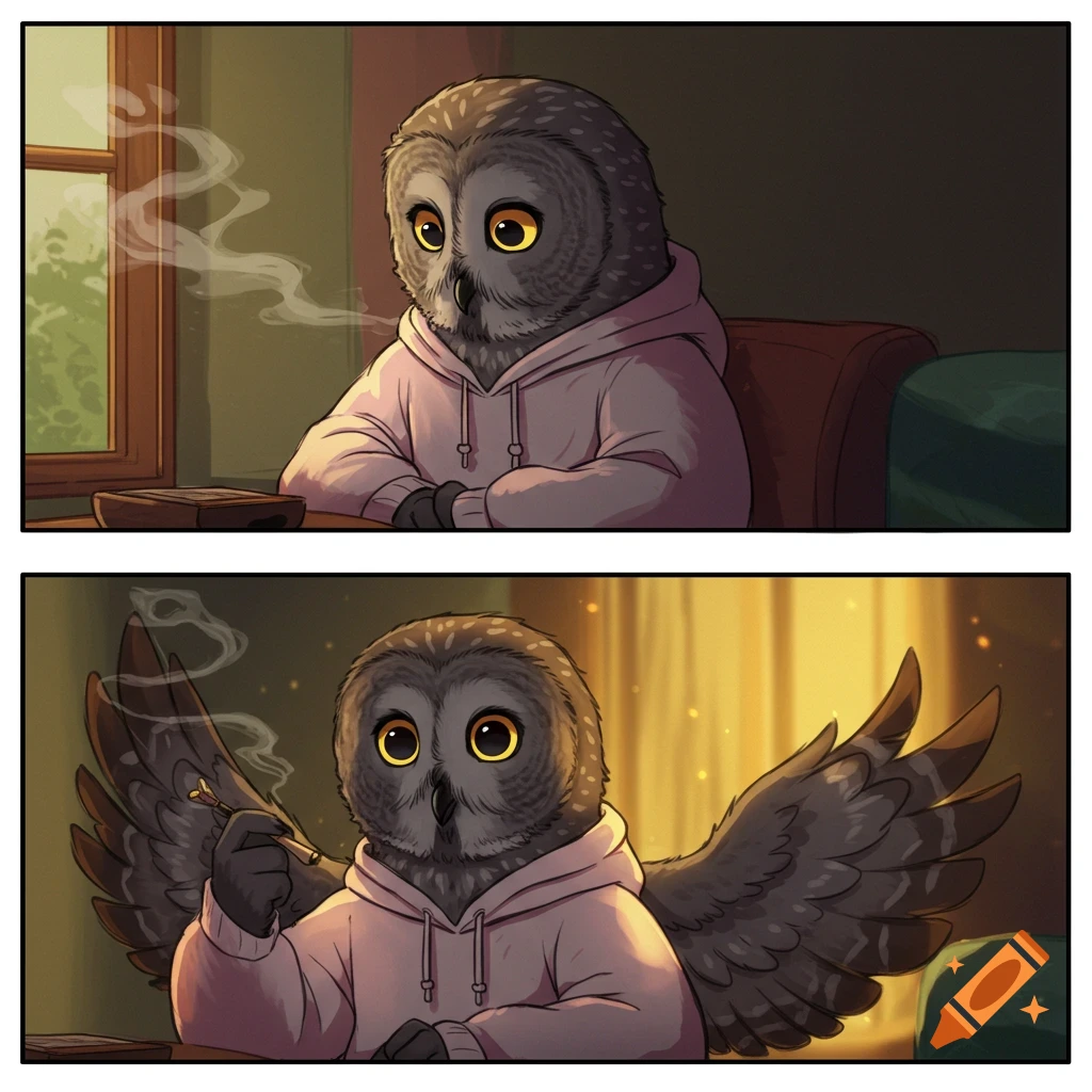 A two-panel illustration of an anthropomorphic great grey owl in a pink ...
