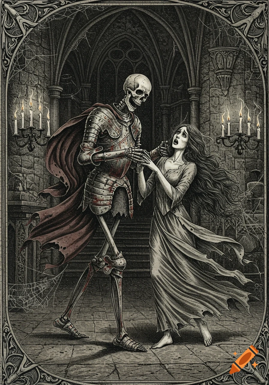 A skeleton knight in armor dances with a terrified damsel in a dark ...