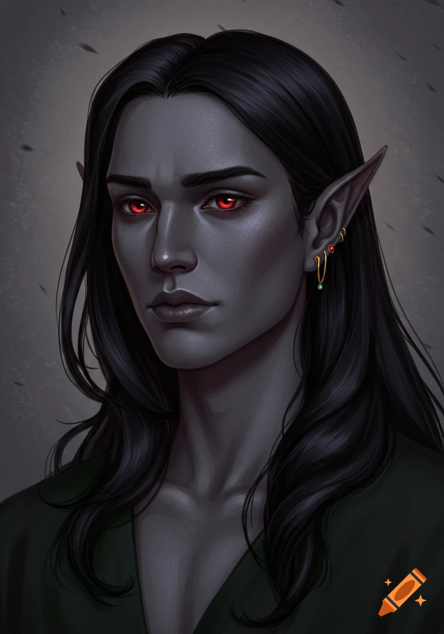 Portrait of a dark elf man with slate gray skin, long black hair ...
