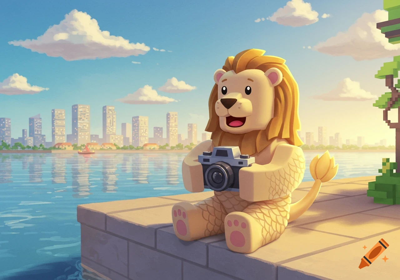 A cute cartoon lion character resembling a Merlion sits on a pier ...