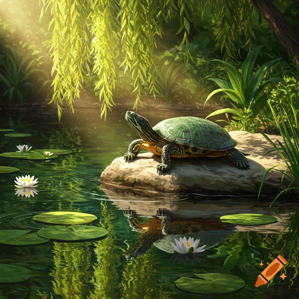 A vibrant green turtle basks on a rock in a sun-dappled pond with lily ...