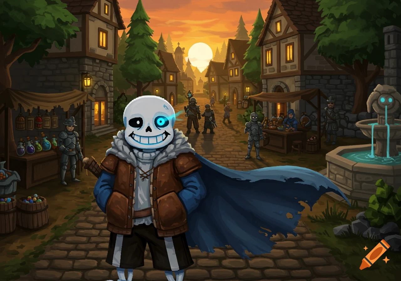 Cartoonish Sans, a skeleton in a brown jacket and blue cape, grins in a ...