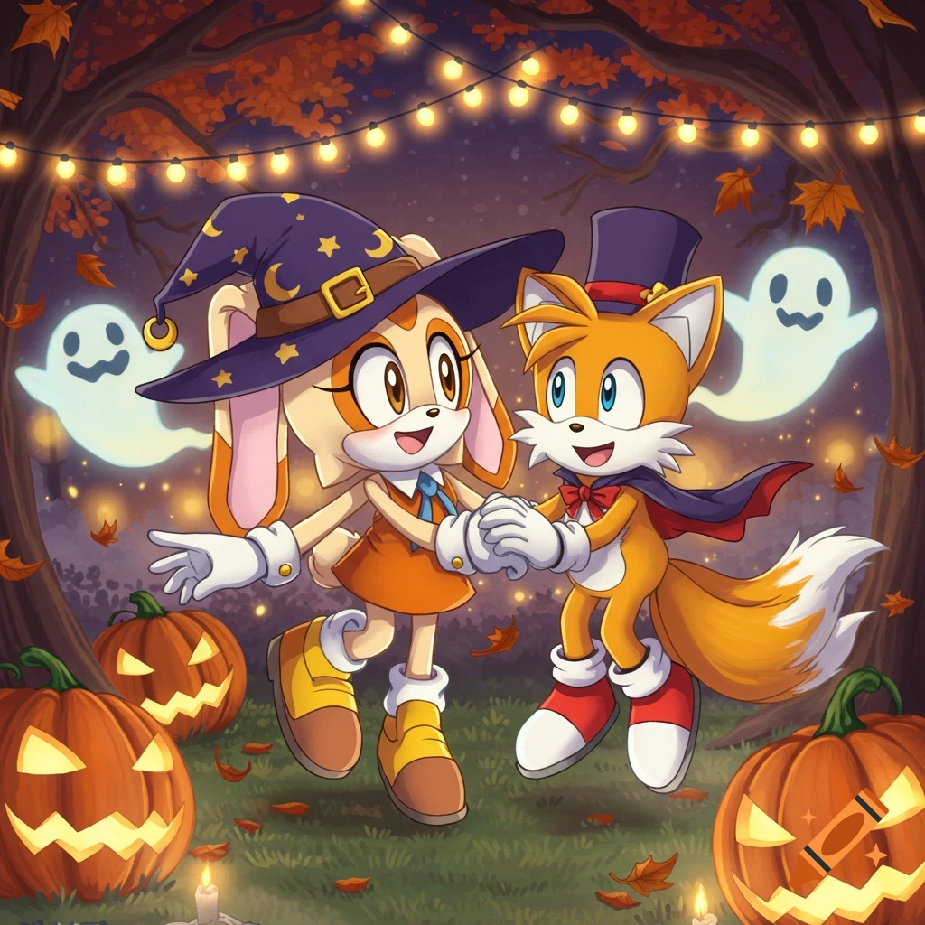 Cream the Rabbit in a witch hat and Tails in a top hat and cape dance ...