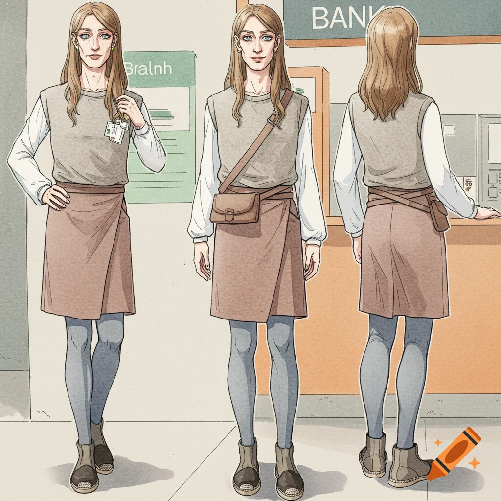 A character design sheet showing a slender person with light brown hair ...